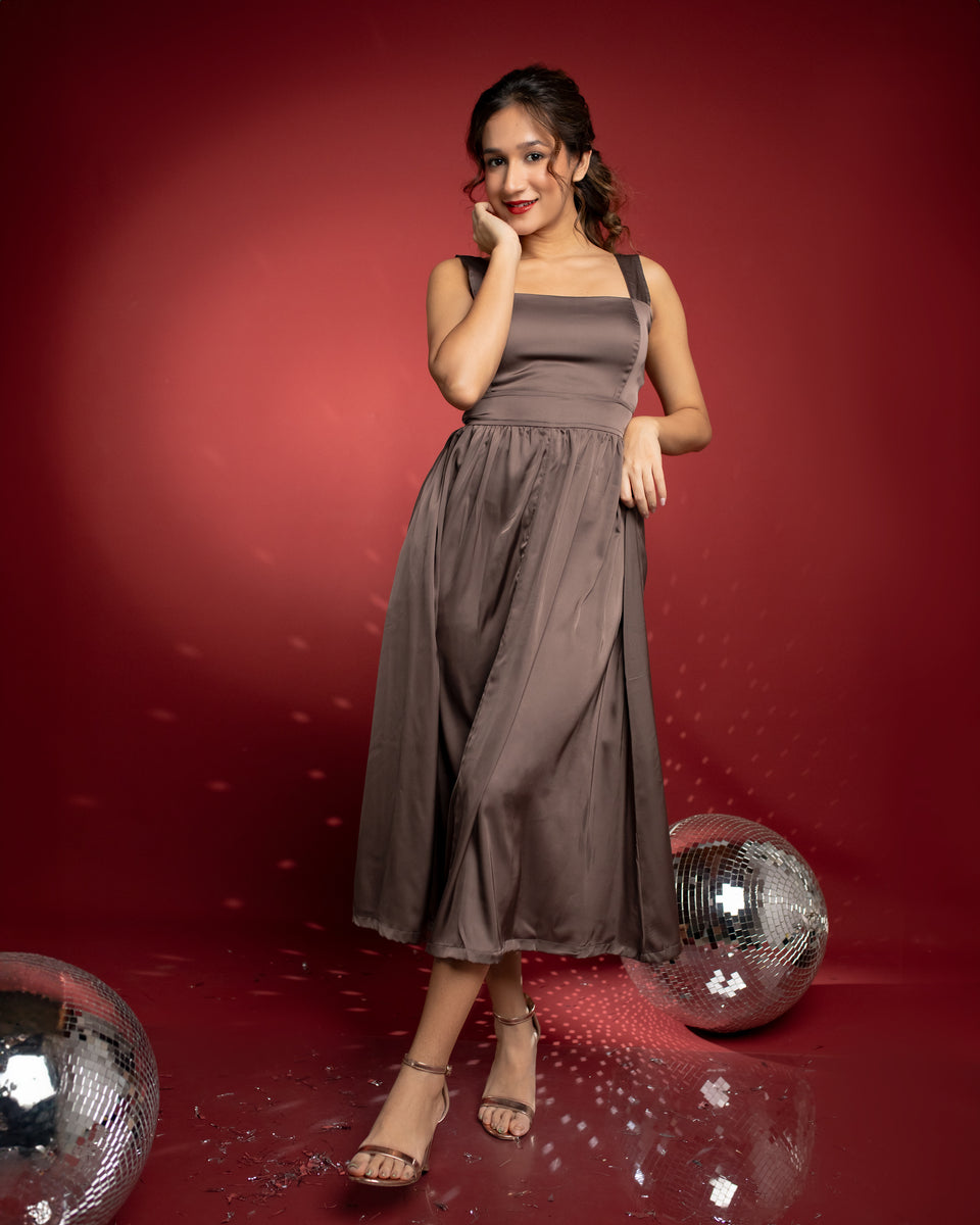 Daria Flared Midi Dress-Metallic Bronze – JoeY Clothing